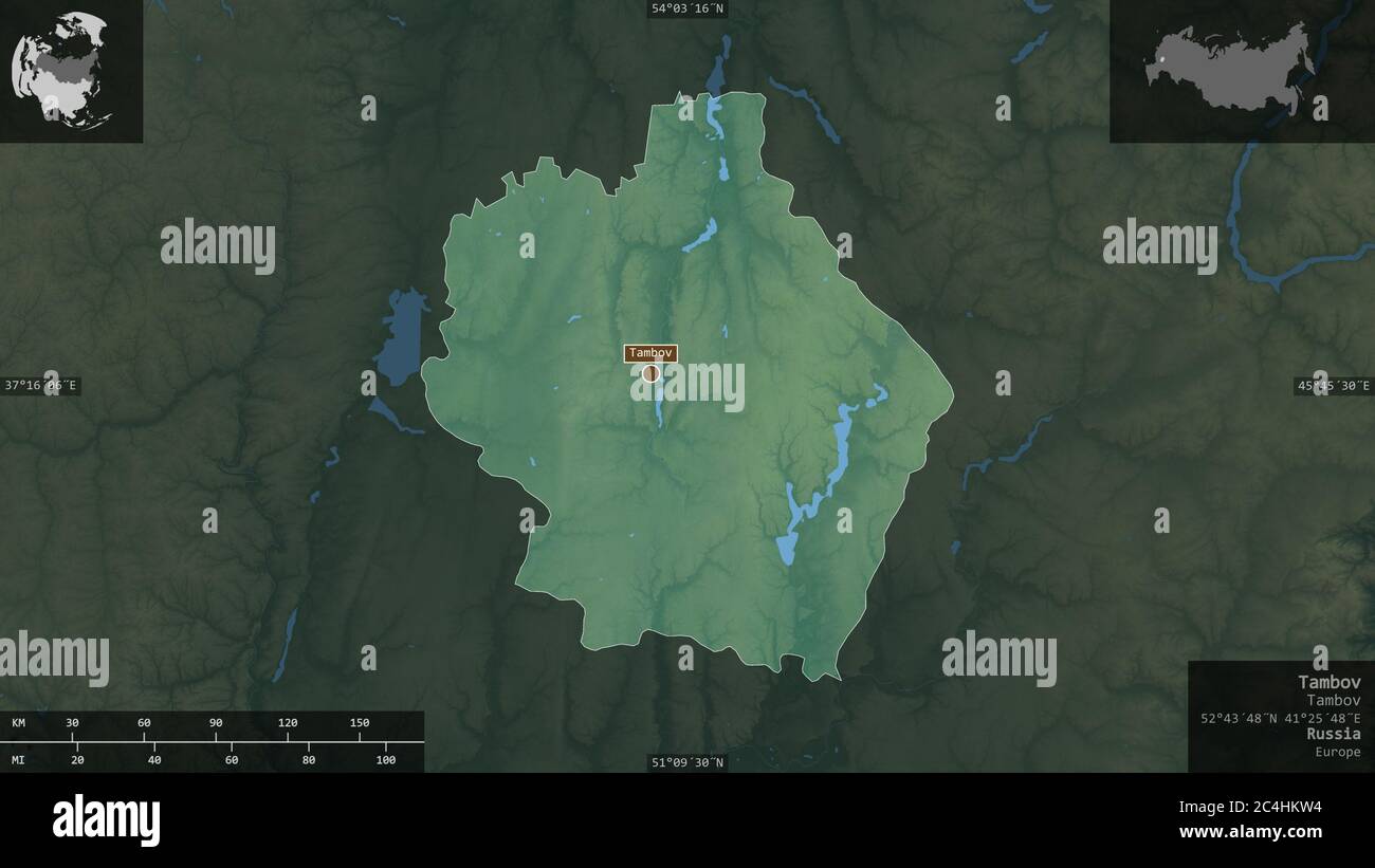 Tambov, region of Russia. Colored relief with lakes and rivers. Shape ...