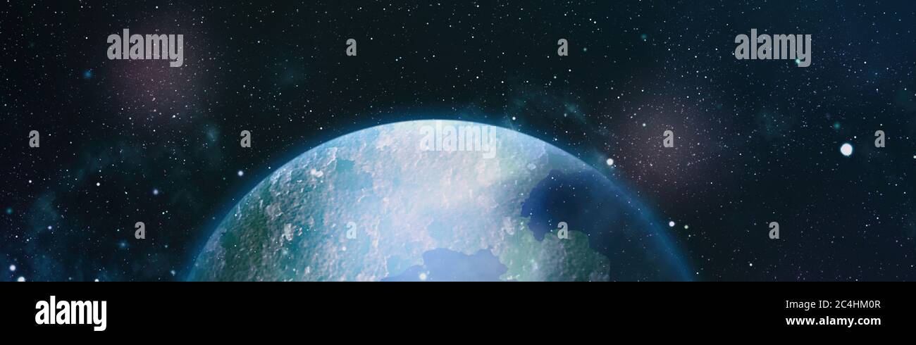 Panoramic view of the Earth, sun, star and galaxy. Sunrise over planet ...