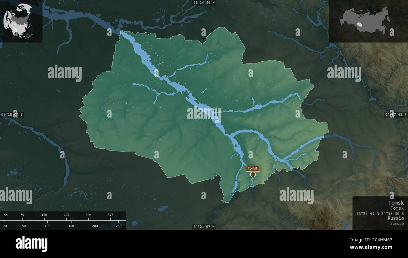 Tomsk, region of Russia. Colored relief with lakes and rivers. Shape ...