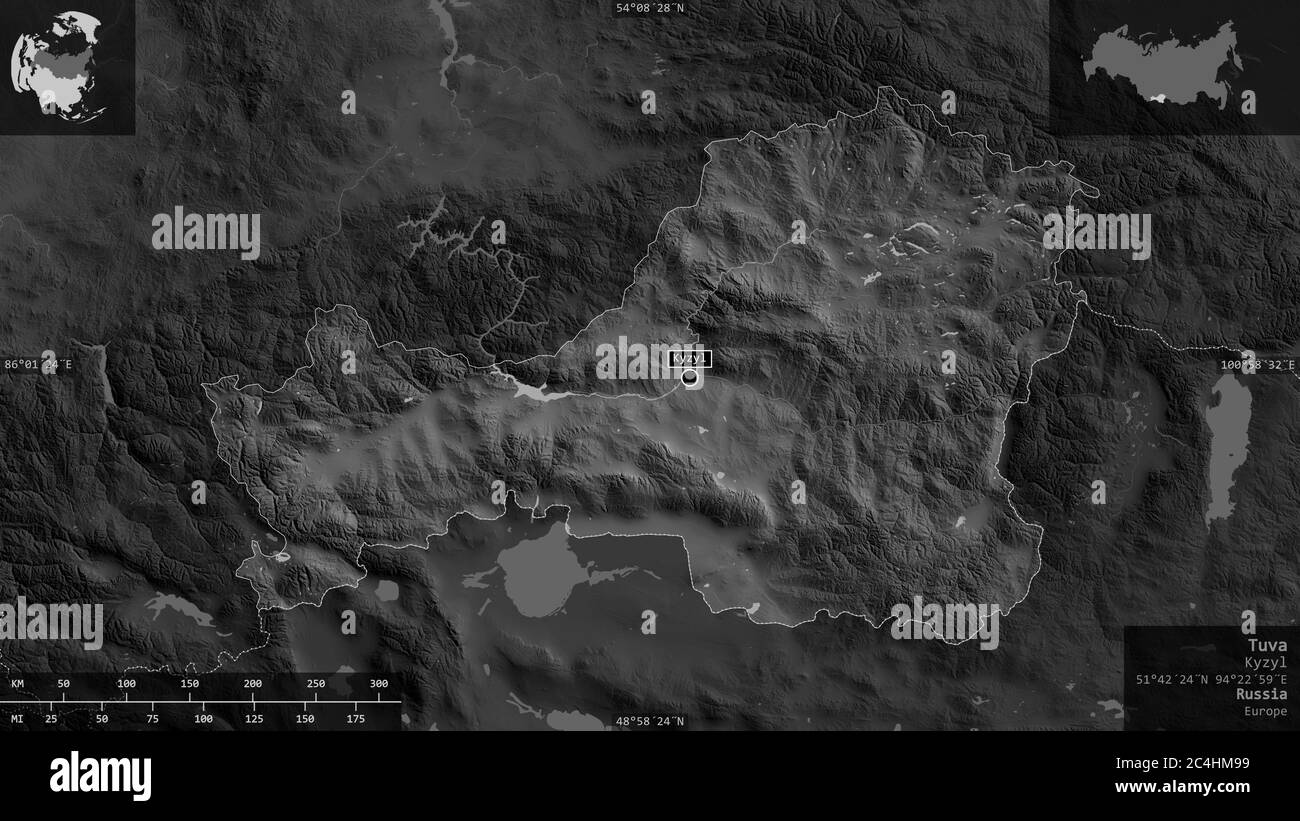 Tuva, republic of Russia. Grayscaled map with lakes and rivers. Shape ...