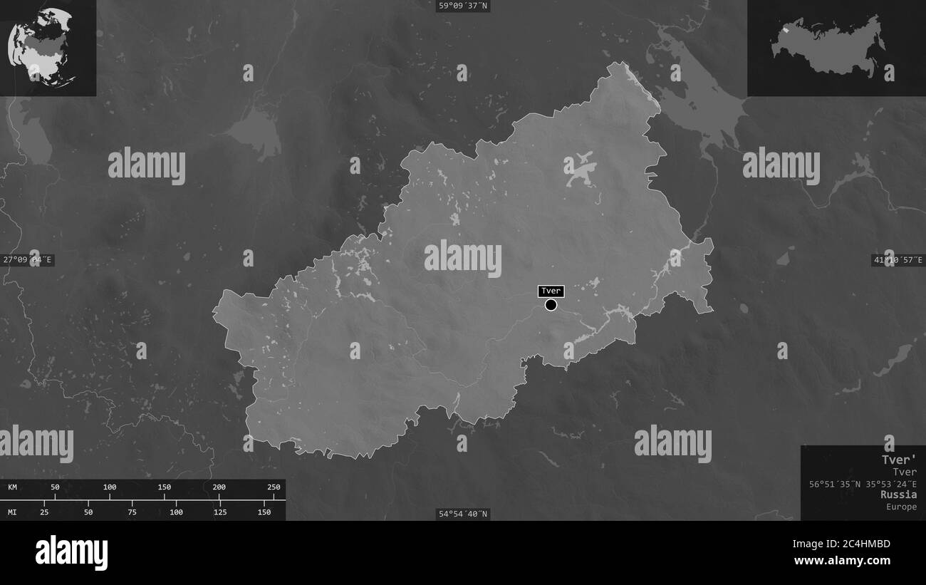 Tver', region of Russia. Grayscaled map with lakes and rivers. Shape ...