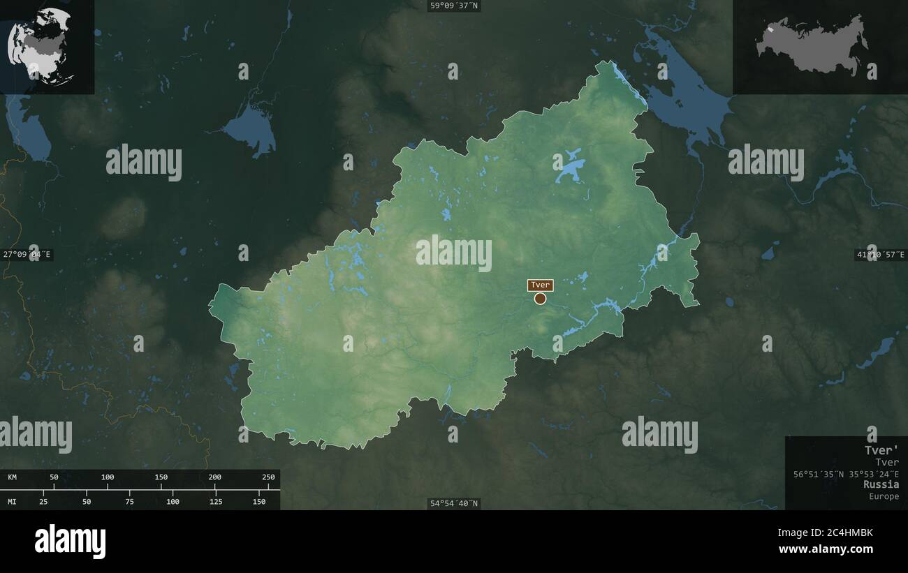 Tver', region of Russia. Colored relief with lakes and rivers. Shape ...