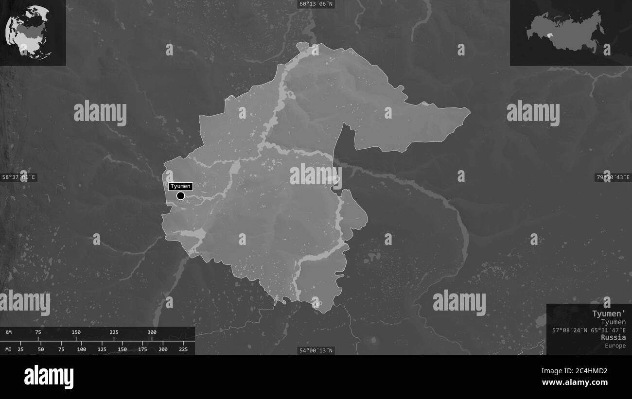 Tyumen', region of Russia. Grayscaled map with lakes and rivers. Shape ...