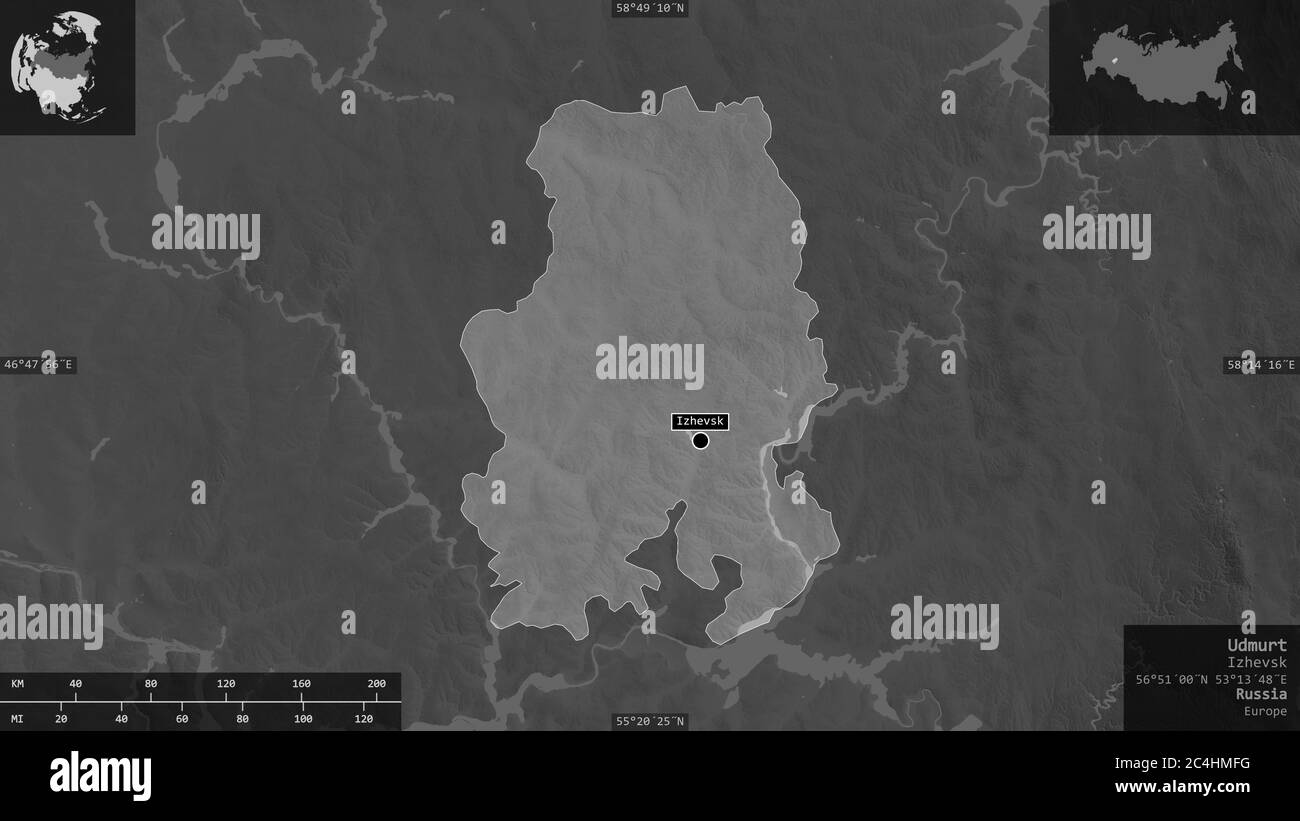 Udmurt, republic of Russia. Grayscaled map with lakes and rivers. Shape presented against its ...