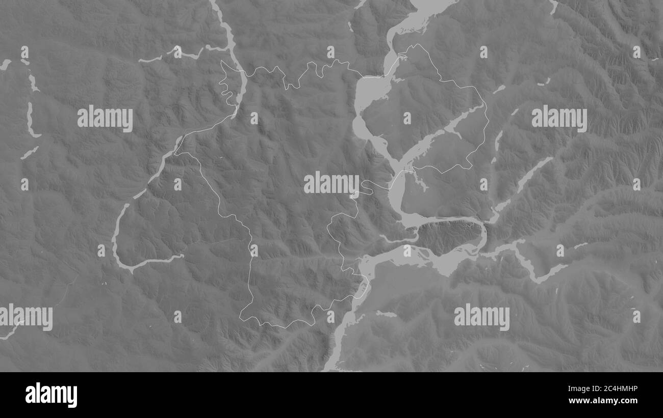 Ul'yanovsk, region of Russia. Grayscaled map with lakes and rivers. Shape outlined against its ...