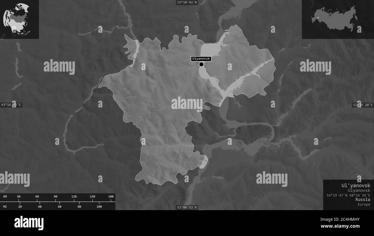 Ul'yanovsk, region of Russia. Grayscaled map with lakes and rivers. Shape presented against its ...