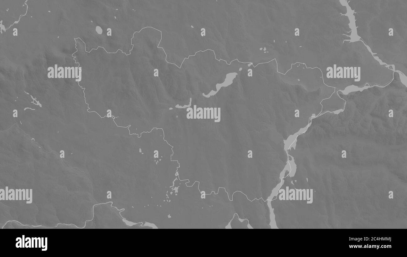 Vladimir, region of Russia. Grayscaled map with lakes and rivers. Shape outlined against its ...
