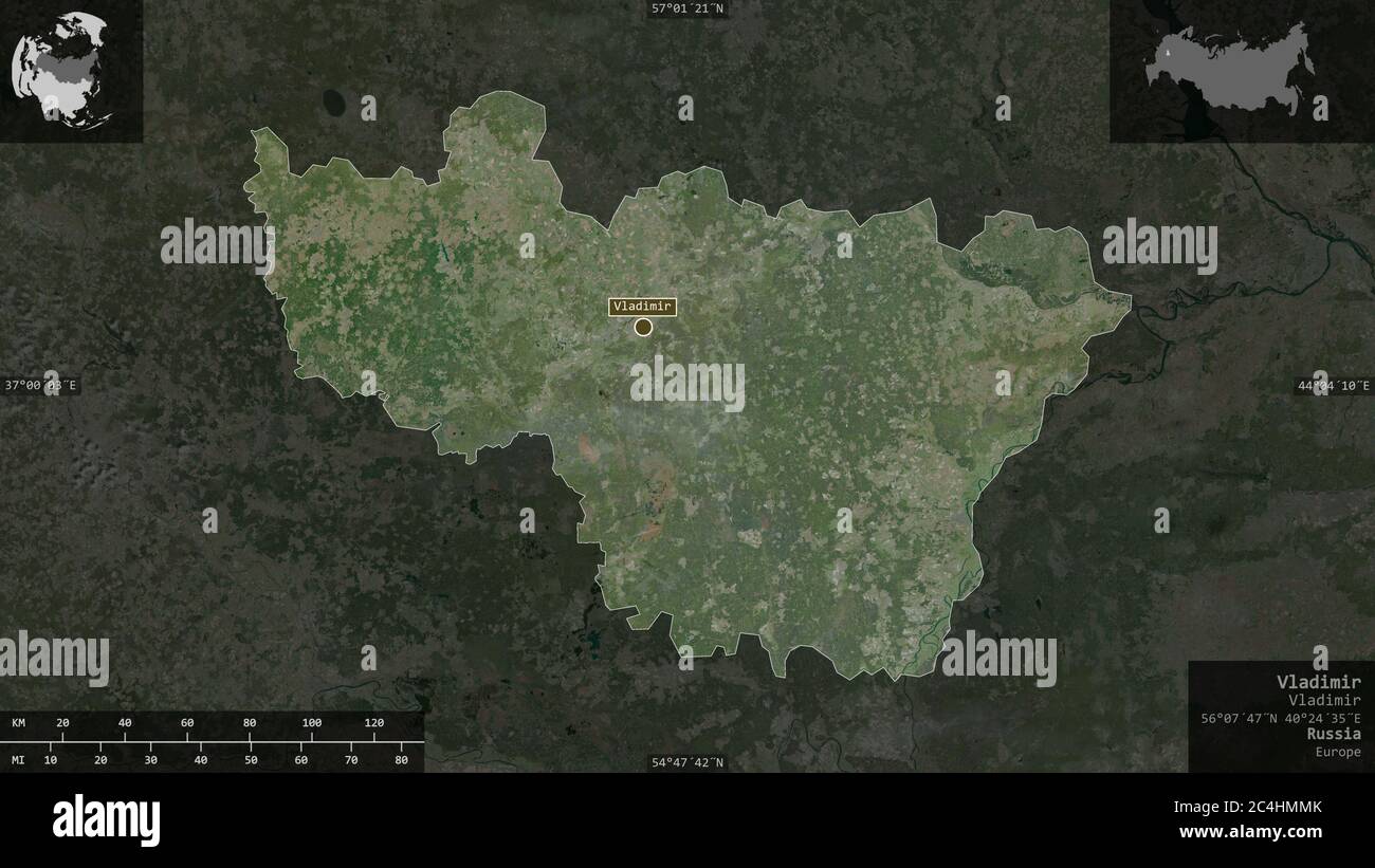Vladimir, region of Russia. Satellite imagery. Shape presented against ...