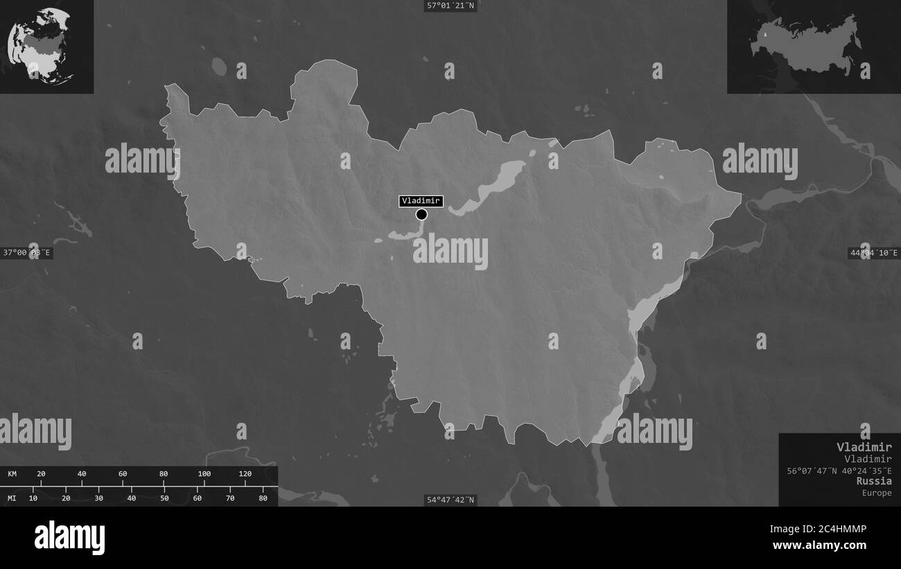 Vladimir, region of Russia. Grayscaled map with lakes and rivers. Shape presented against its ...