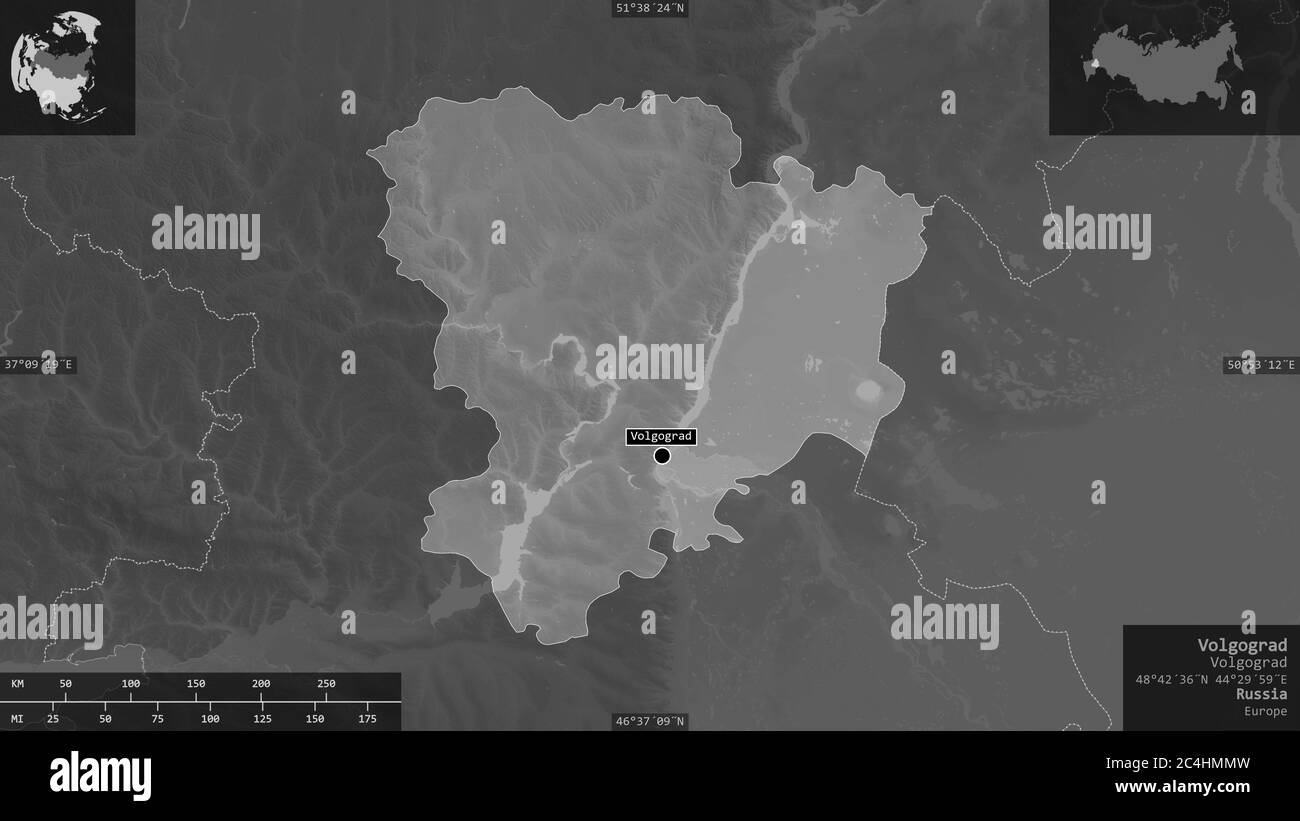 Volgograd, region of Russia. Grayscaled map with lakes and rivers. Shape presented against its ...
