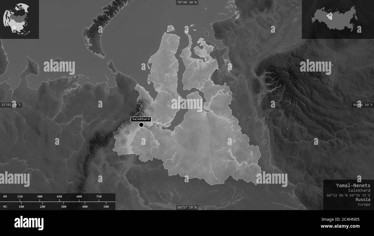 Yamal-Nenets, autonomous province of Russia. Grayscaled map with lakes and rivers. Shape ...
