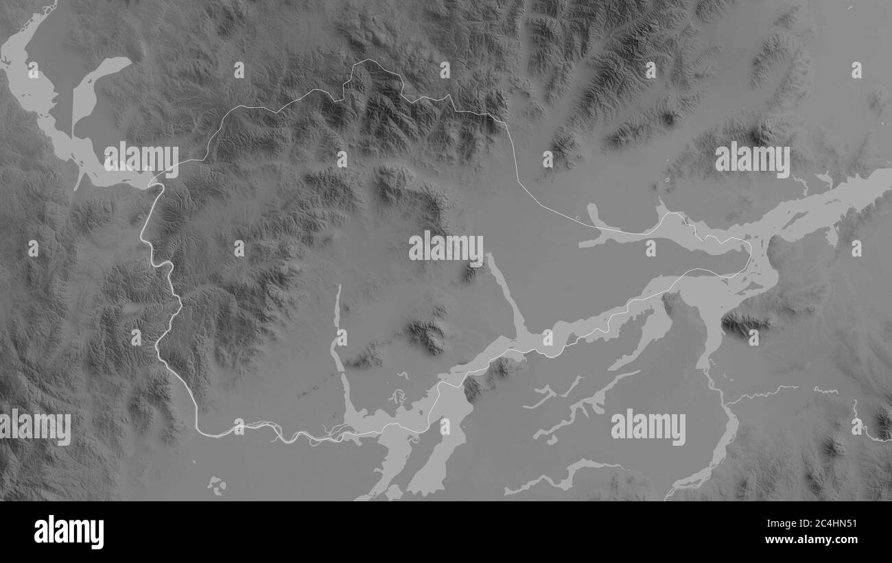 Yevrey, autonomous region of Russia. Grayscaled map with lakes and rivers. Shape outlined ...