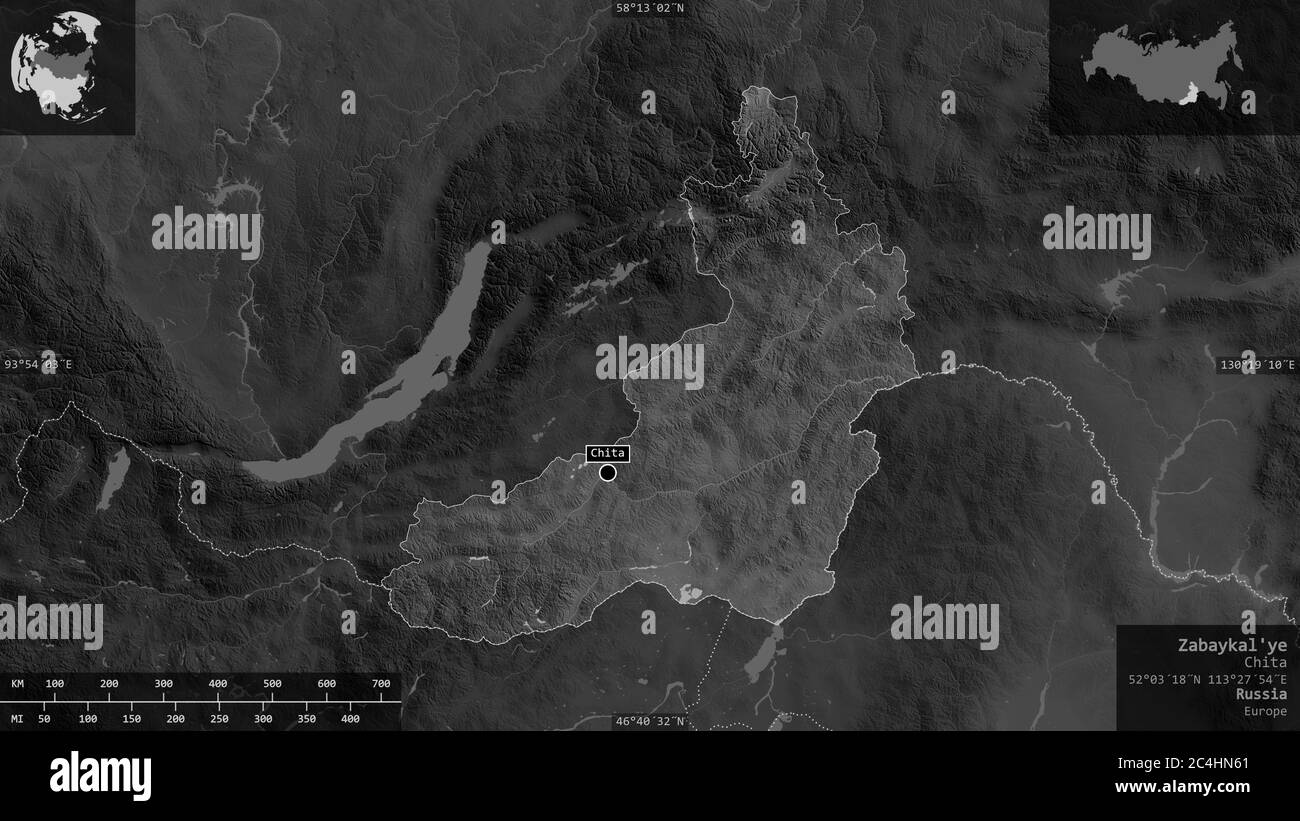 Zabaykal'ye, territory of Russia. Grayscaled map with lakes and rivers ...