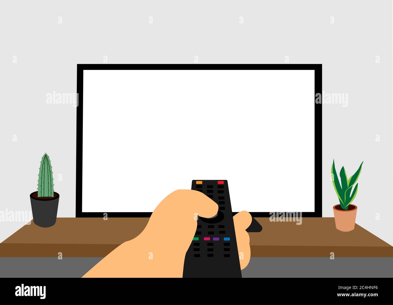 Big screen TV on a desk and a man operating it with the remote Stock ...