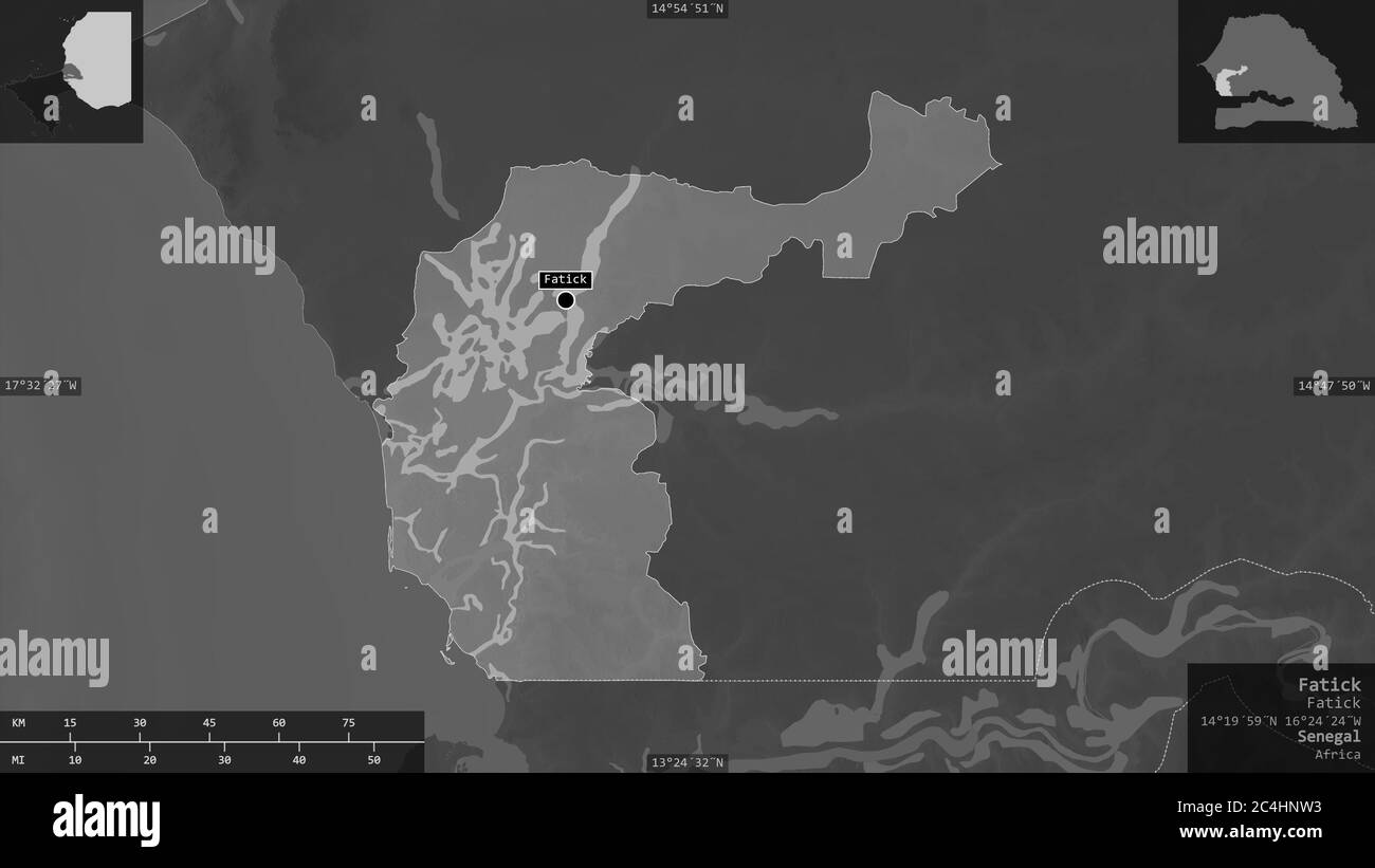 Fatick, region of Senegal. Grayscaled map with lakes and rivers. Shape ...