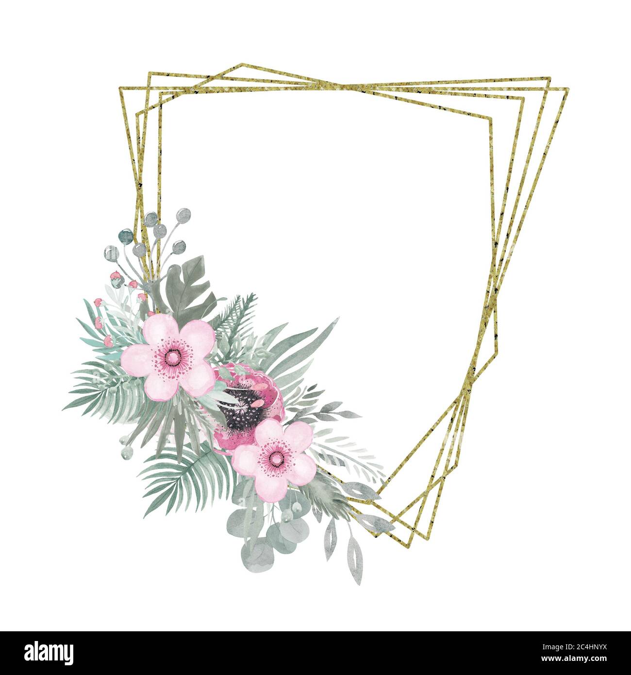 Geometric gold frame with a floral arrangement of flowers branches and ...
