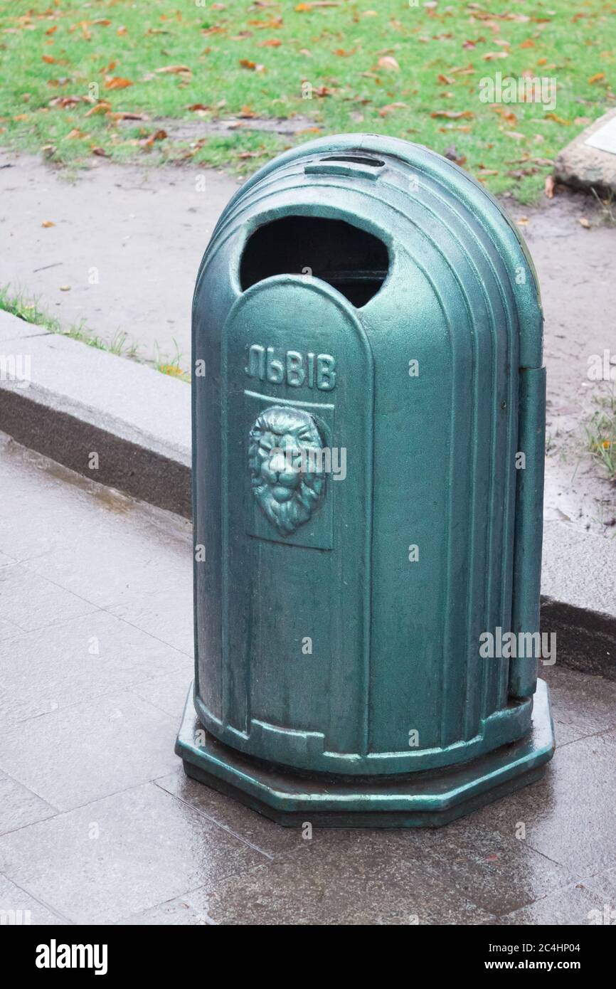 Vintage iron turquoise trash can, tank in Lviv, Ukraine Stock Photo - Alamy
