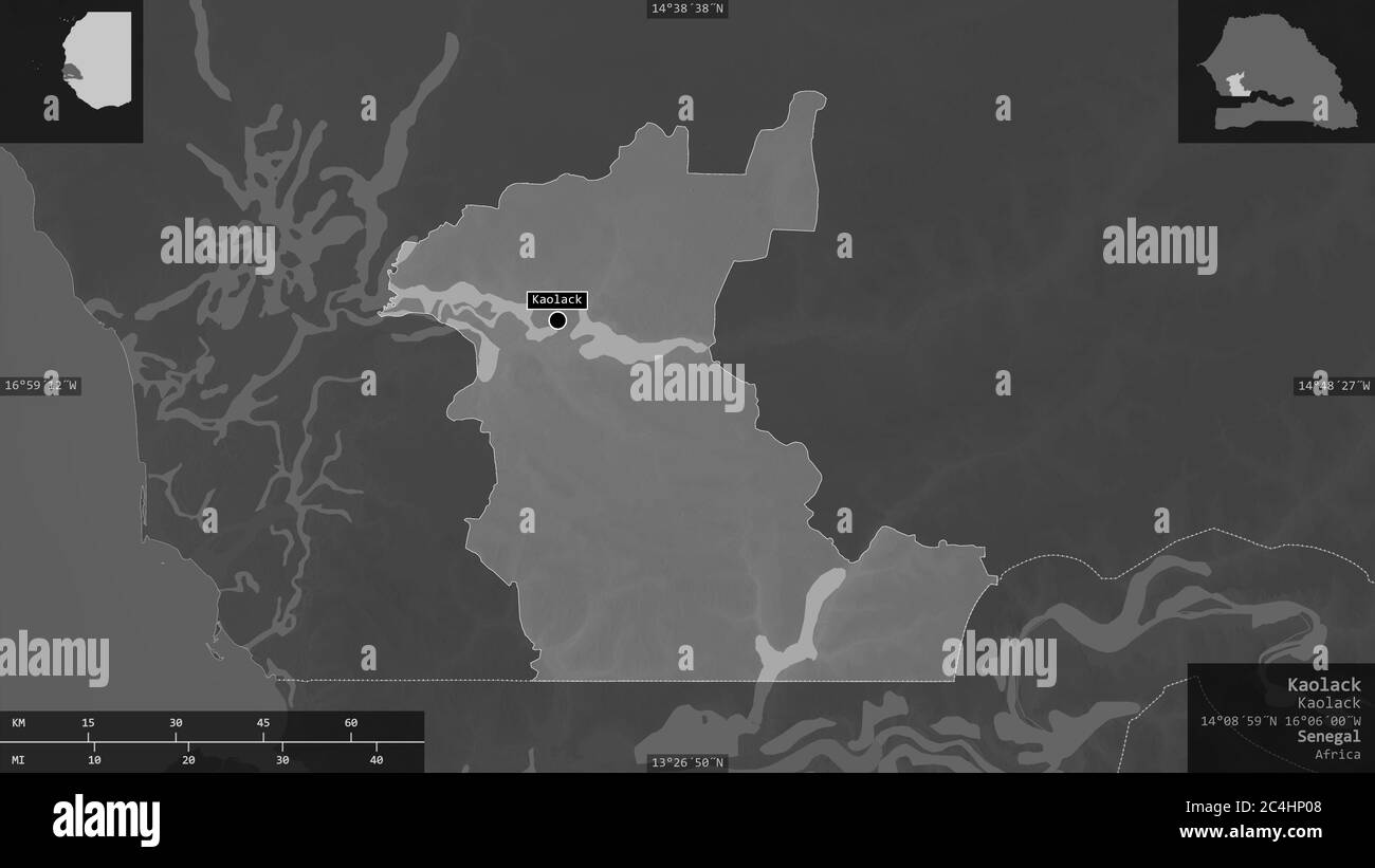 Kaolack, region of Senegal. Grayscaled map with lakes and rivers. Shape ...