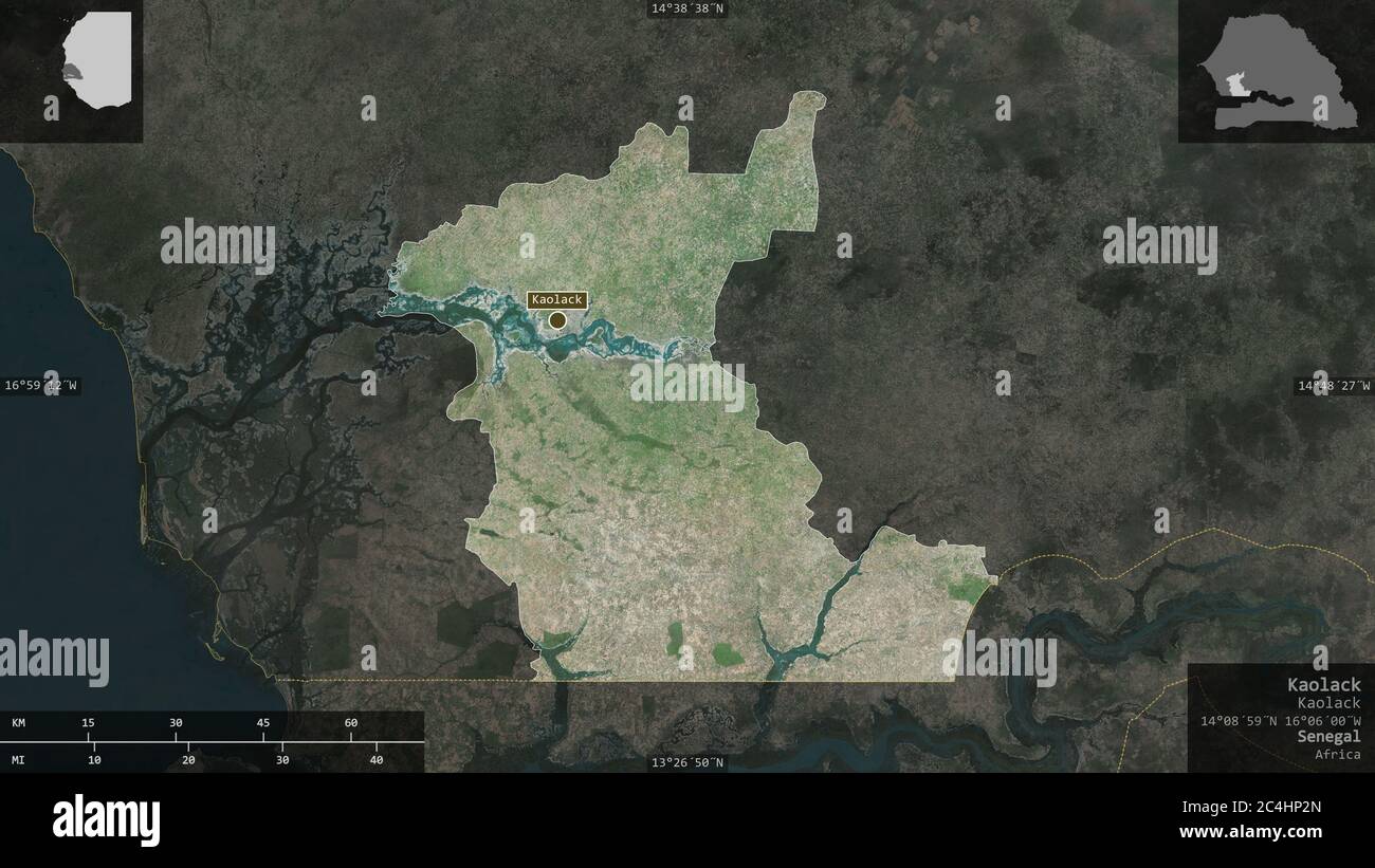 Kaolack, region of Senegal. Satellite imagery. Shape presented against ...