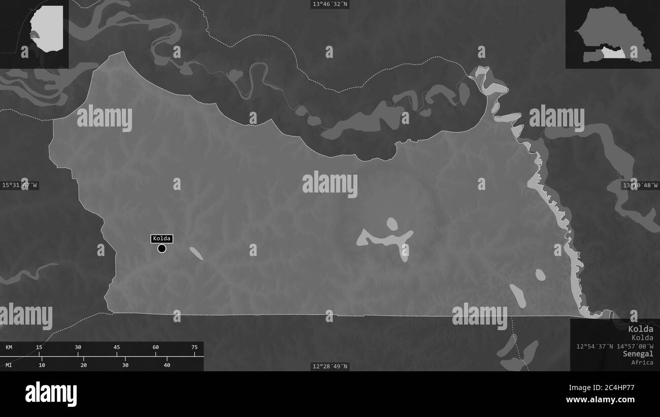 Kolda, region of Senegal. Grayscaled map with lakes and rivers. Shape ...