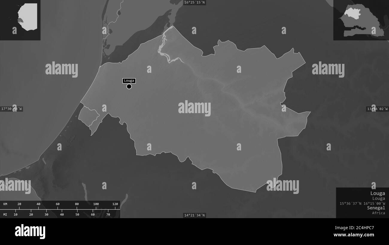 Louga, region of Senegal. Grayscaled map with lakes and rivers. Shape ...