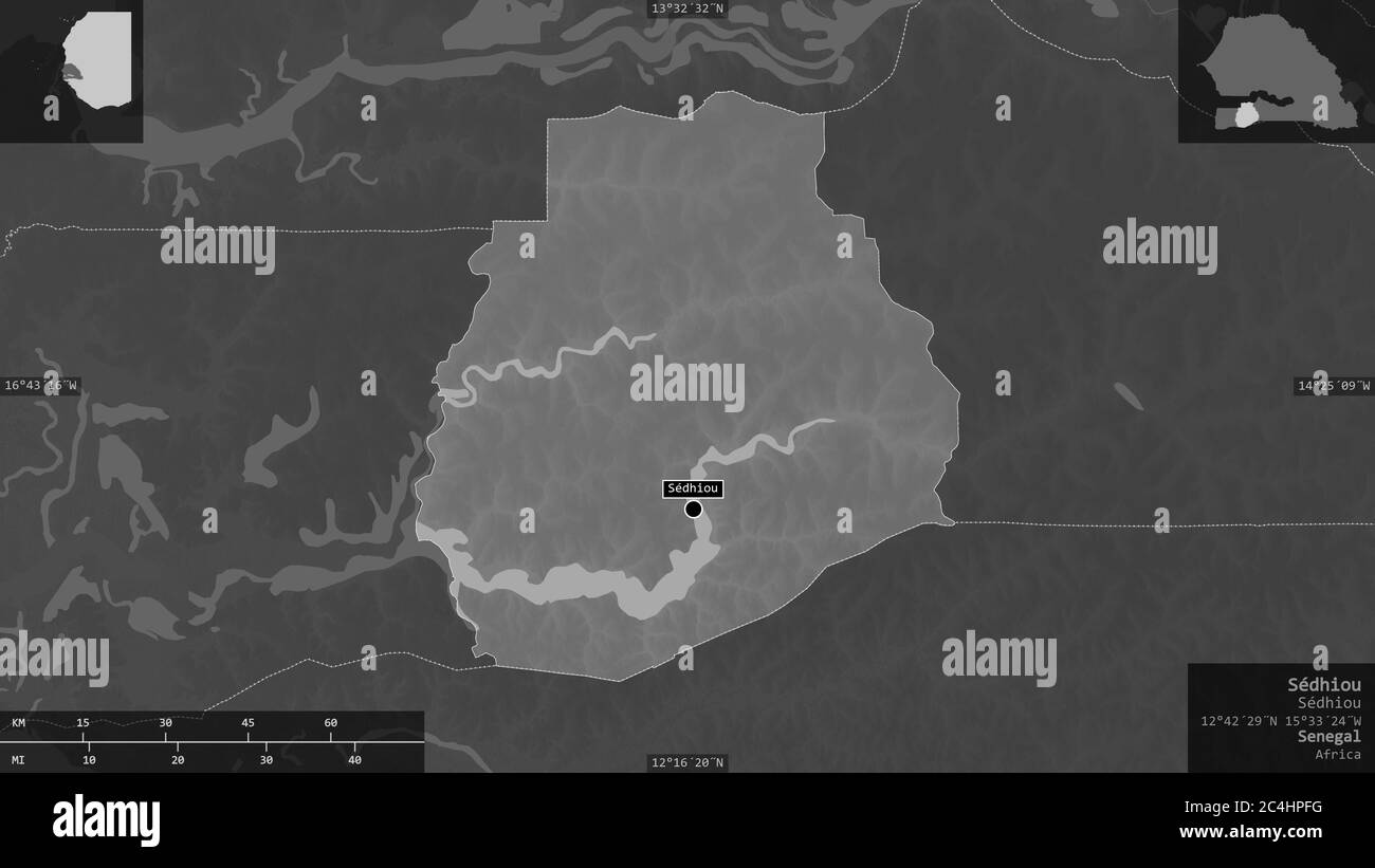 Sédhiou, region of Senegal. Grayscaled map with lakes and rivers. Shape ...