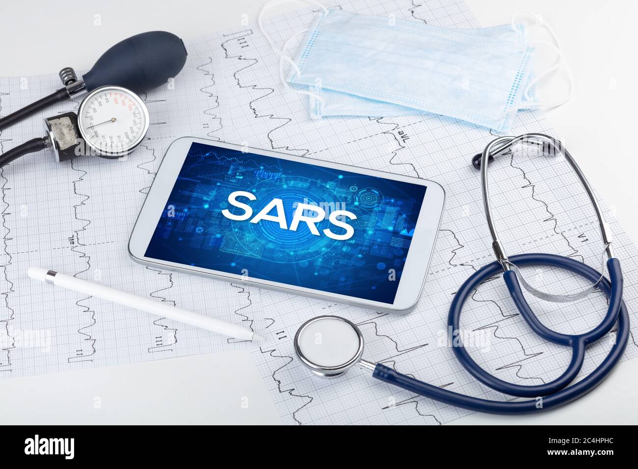 Close-up view of a tablet pc with SARS abbreviation, medical concept ...