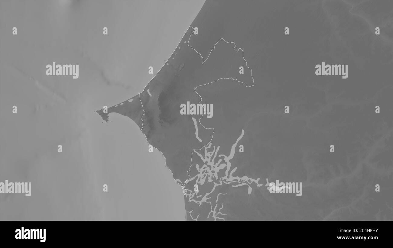 Thiès, region of Senegal. Grayscaled map with lakes and rivers. Shape ...