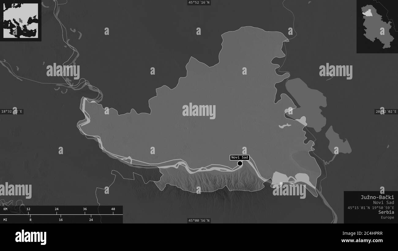 Južno-Bački, district of Serbia. Grayscaled map with lakes and rivers ...