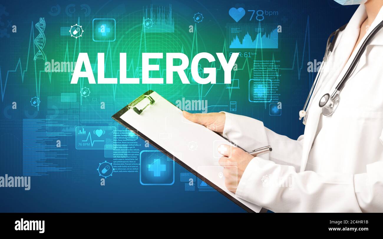 young doctor writing down notes with ALLERGY inscription, healthcare ...