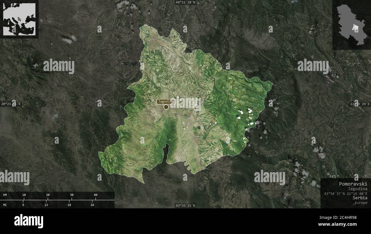 Pomoravski, district of Serbia. Satellite imagery. Shape presented ...