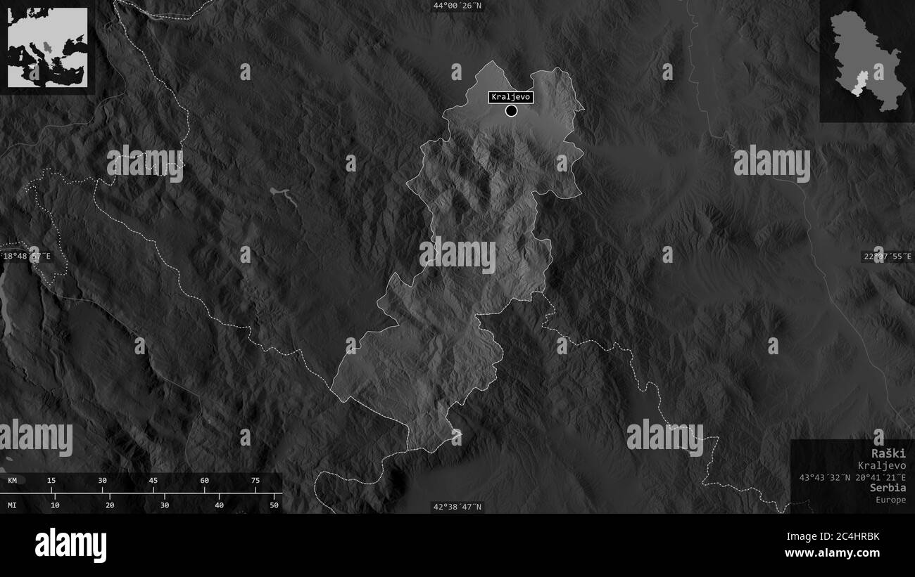 Raški, district of Serbia. Grayscaled map with lakes and rivers. Shape ...