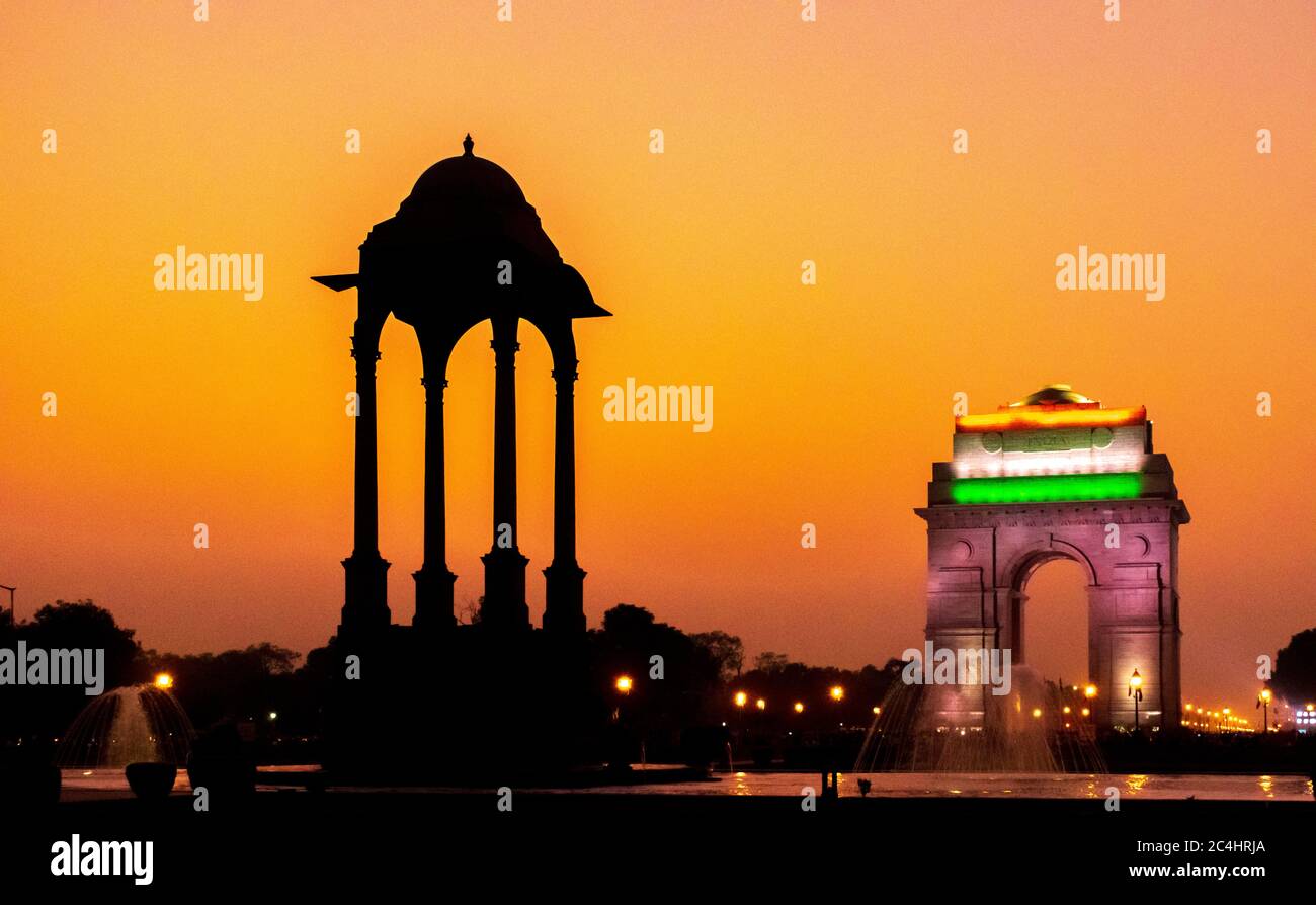 The India Gate with the tri-coloured lightings; an after the sunset ...