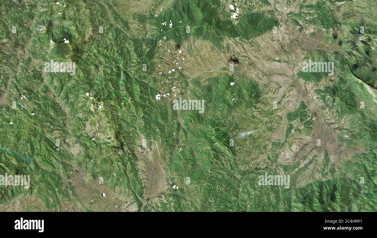 Toplički, district of Serbia. Satellite imagery. Shape outlined against ...