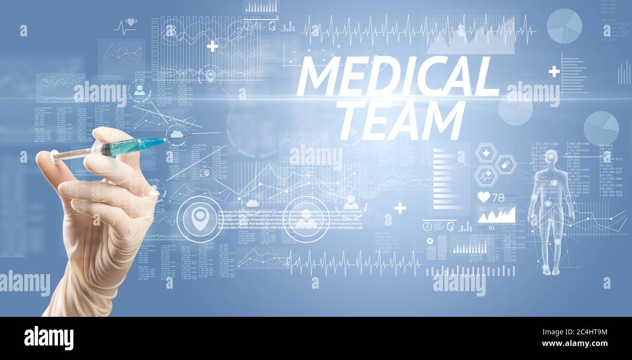 Syringe needle with virus vaccine and MEDICAL TEAM inscription, antidote concept Stock Photo - Alamy