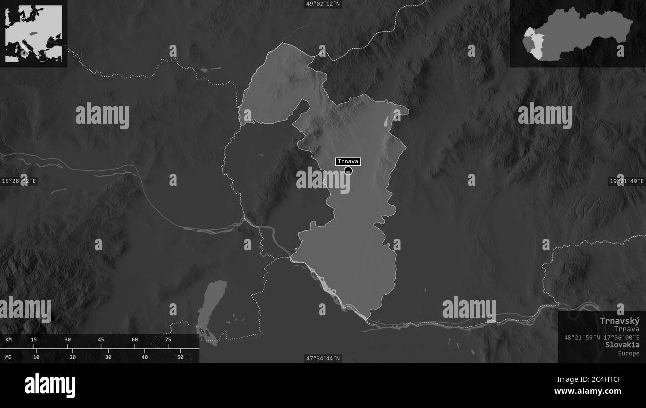 Trnavský, region of Slovakia. Grayscaled map with lakes and rivers ...
