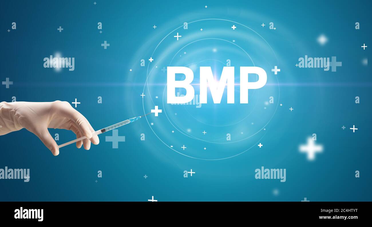 Syringe needle with virus vaccine and BMP abbreviation, antidote ...