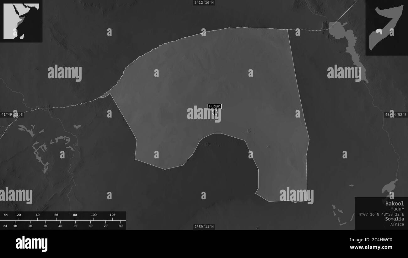 Bakool, region of Somalia. Grayscaled map with lakes and rivers. Shape ...