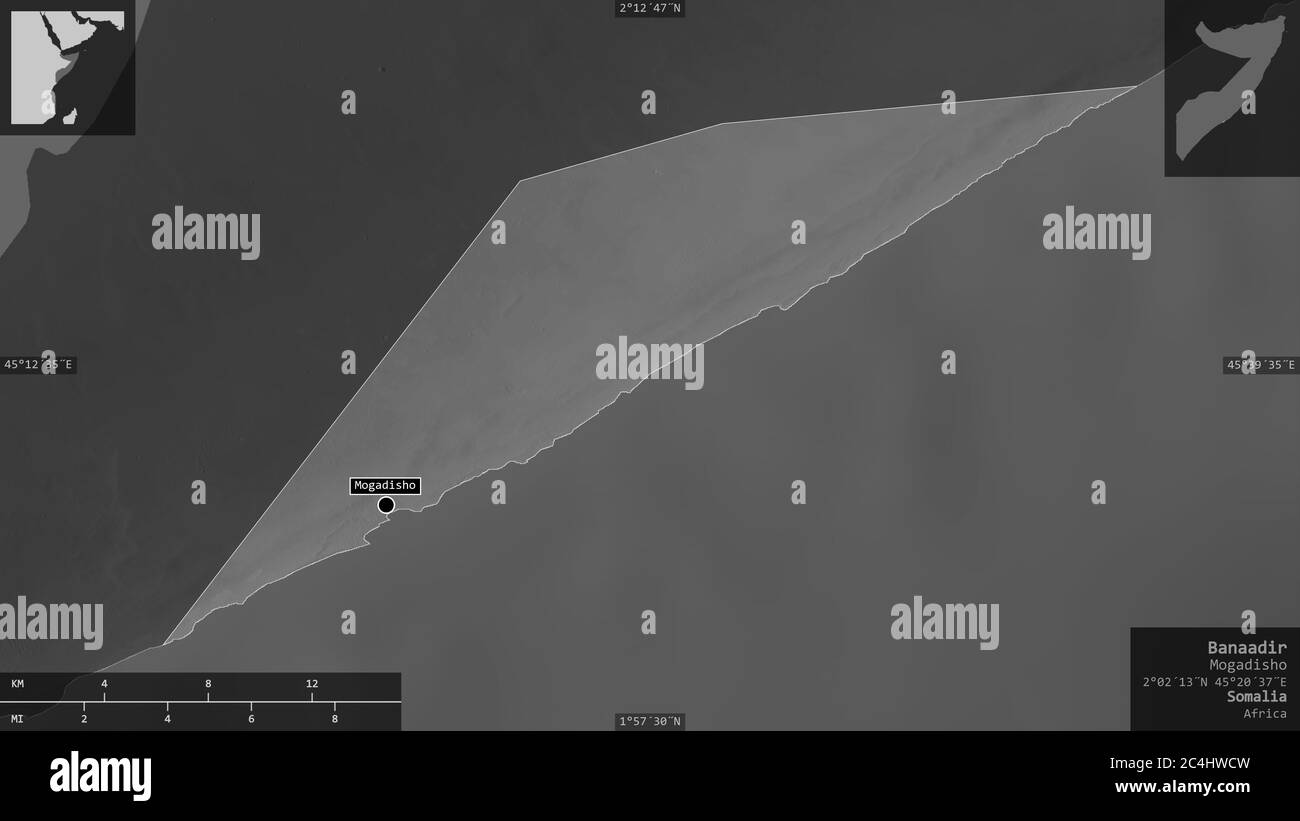 Banaadir, region of Somalia. Grayscaled map with lakes and rivers ...