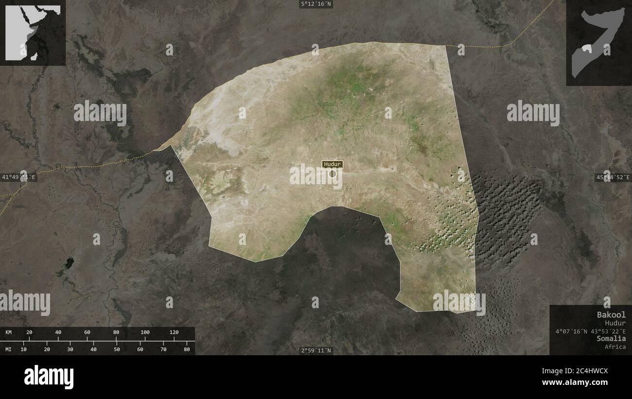 Bakool, region of Somalia. Satellite imagery. Shape presented against ...