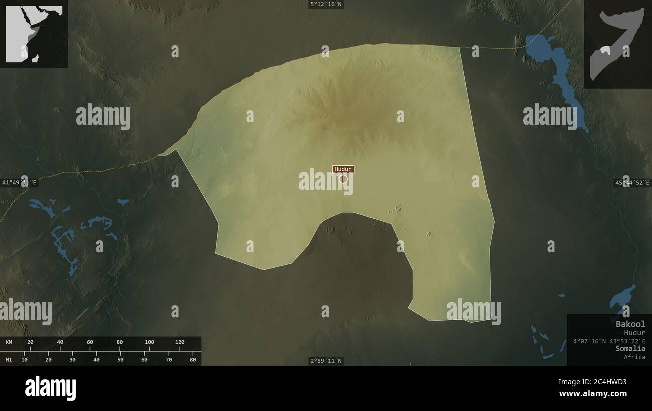 Bakool, region of Somalia. Colored relief with lakes and rivers. Shape ...