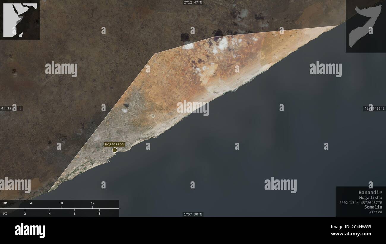 Banaadir, region of Somalia. Satellite imagery. Shape presented against ...