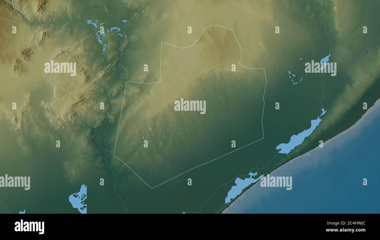 Bay, region of Somalia. Colored relief with lakes and rivers. Shape ...