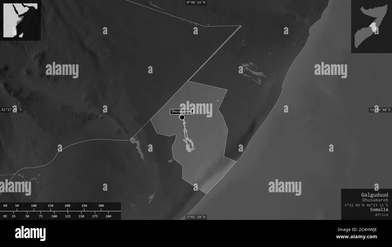 Galguduud, region of Somalia. Grayscaled map with lakes and rivers ...
