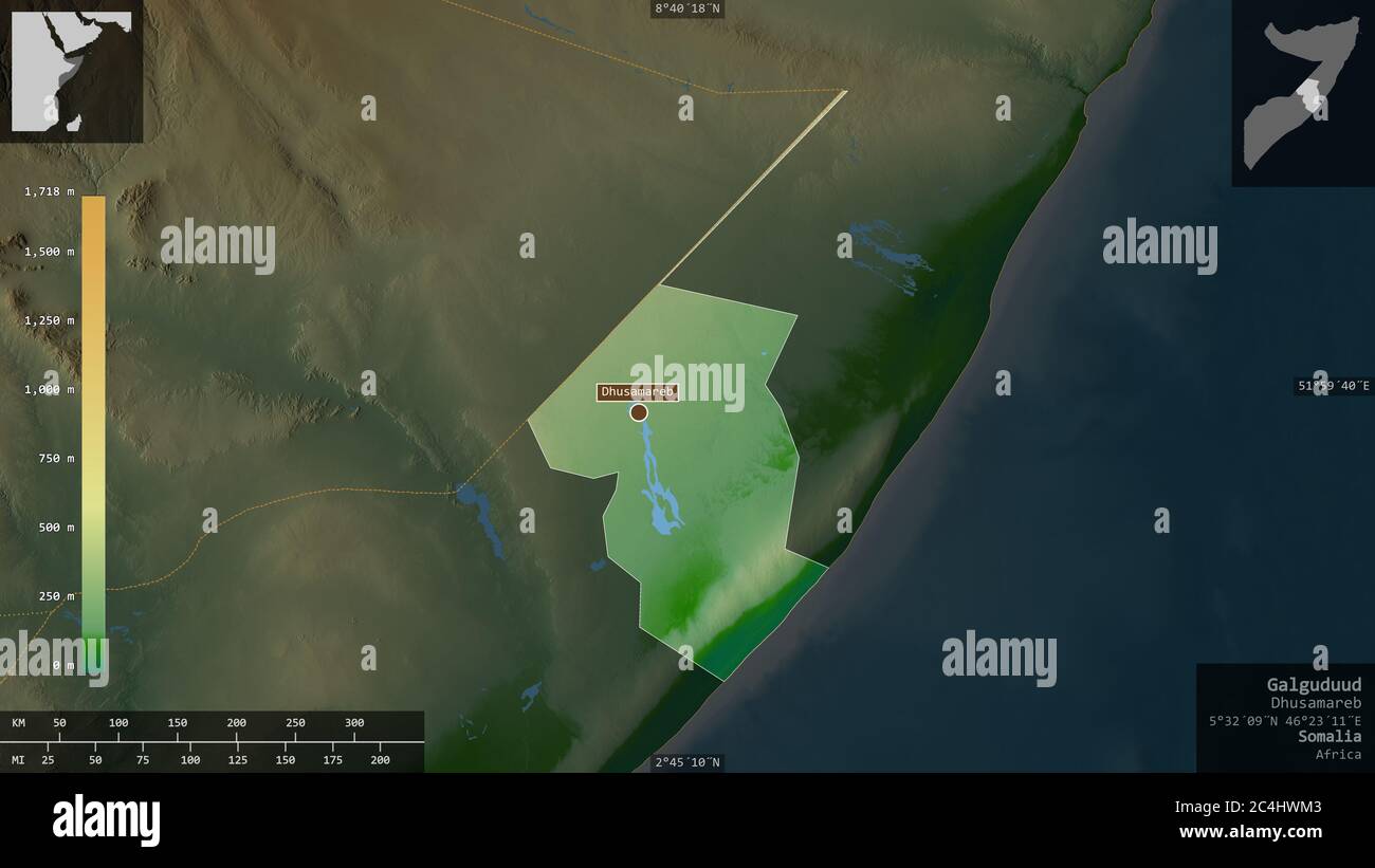 Galguduud, region of Somalia. Colored shader data with lakes and rivers ...