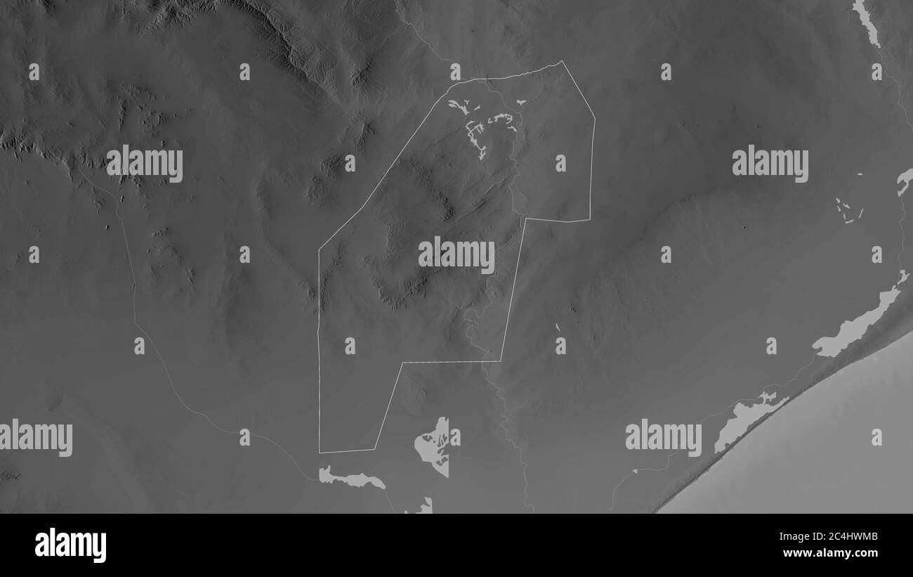 Gedo, region of Somalia. Grayscaled map with lakes and rivers. Shape ...