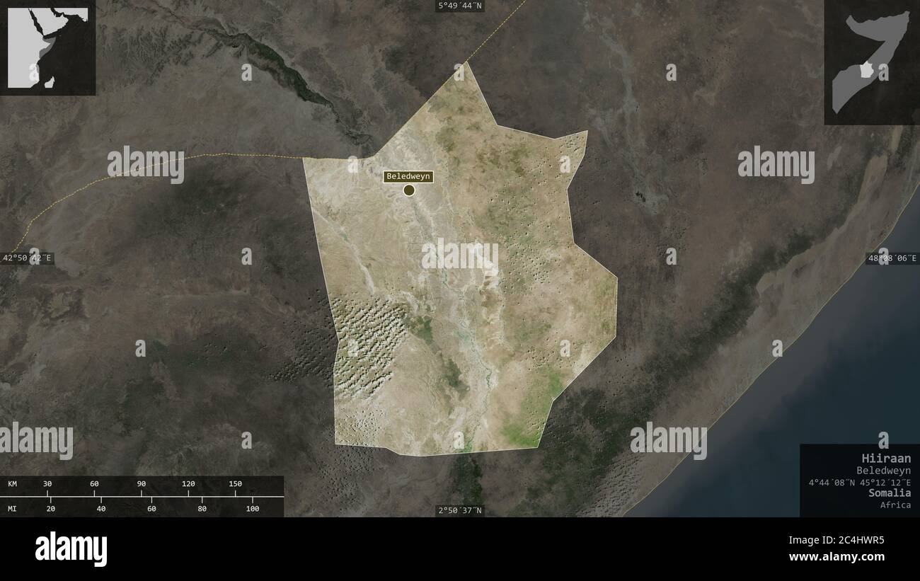 Hiiraan, region of Somalia. Satellite imagery. Shape presented against ...