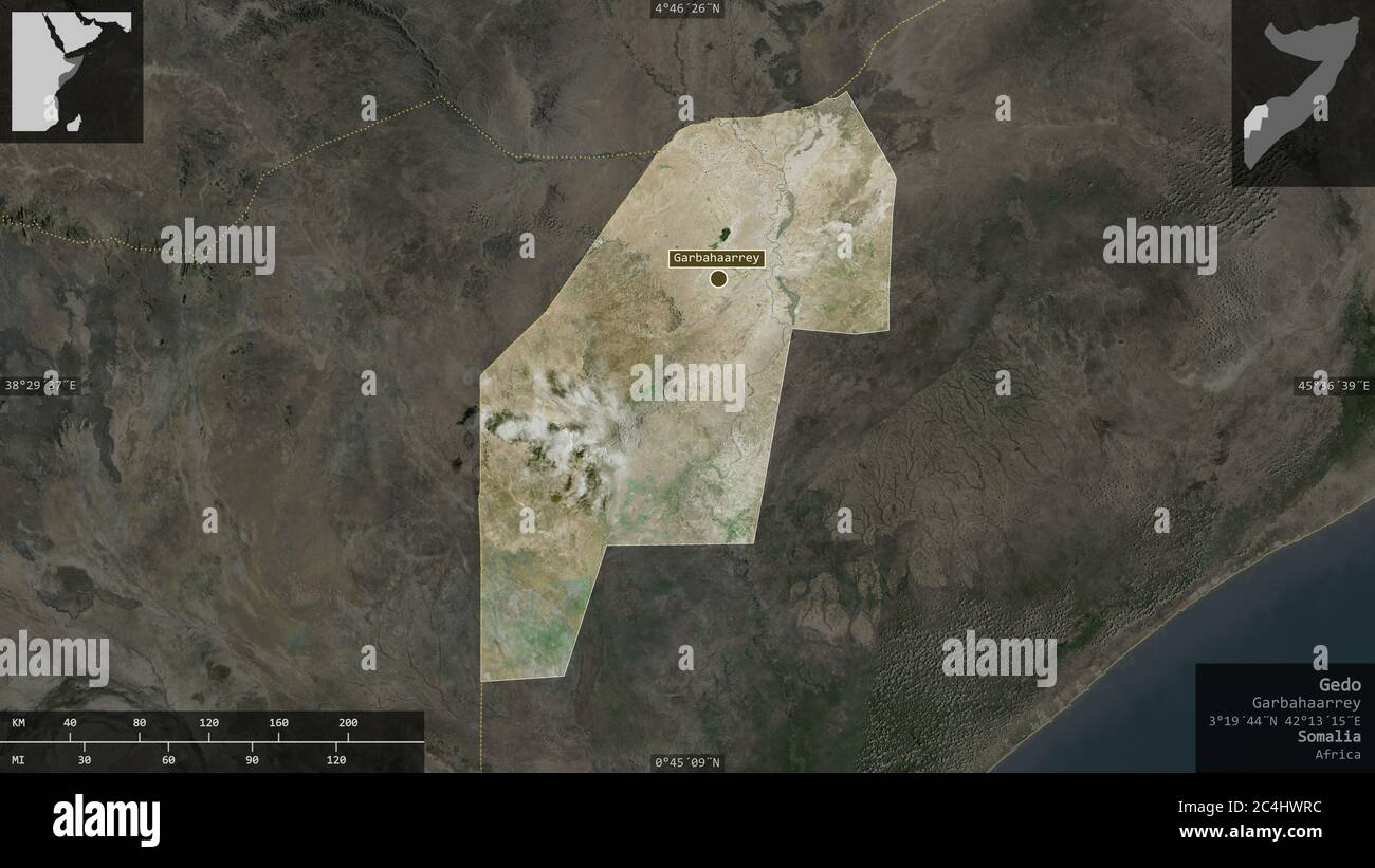 Gedo, region of Somalia. Satellite imagery. Shape presented against its ...