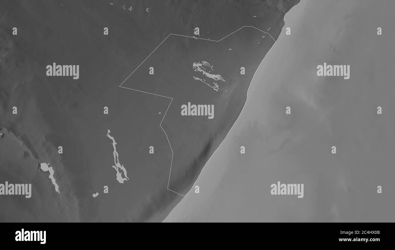 Mudug, region of Somalia. Grayscaled map with lakes and rivers. Shape ...