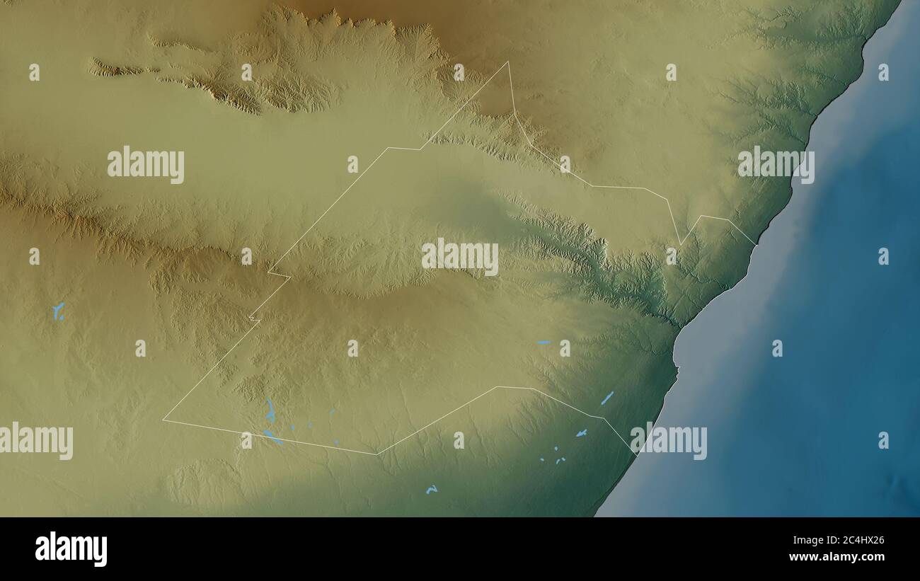 Nugaal, region of Somalia. Colored relief with lakes and rivers. Shape ...